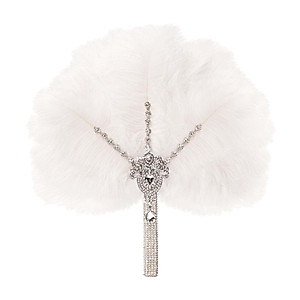 BABEYOND Vintage Bridal Feather Bouquet 1920s Ostrich Feather Fan Crystal Bridesmaid Bouquet 20s Gatsby Wedding Bouquet Flapper Accessories (White & Crystal Handle)