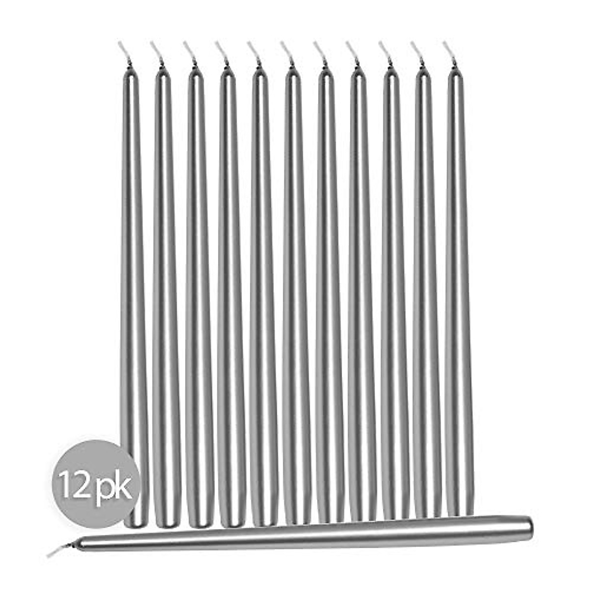 Hyoola 12 Pack Tall Metallic Taper Candles - 10 Inch Silver Metallic, Dripless, Unscented Dinner Candle - Paraffin Wax with Cotton Wicks