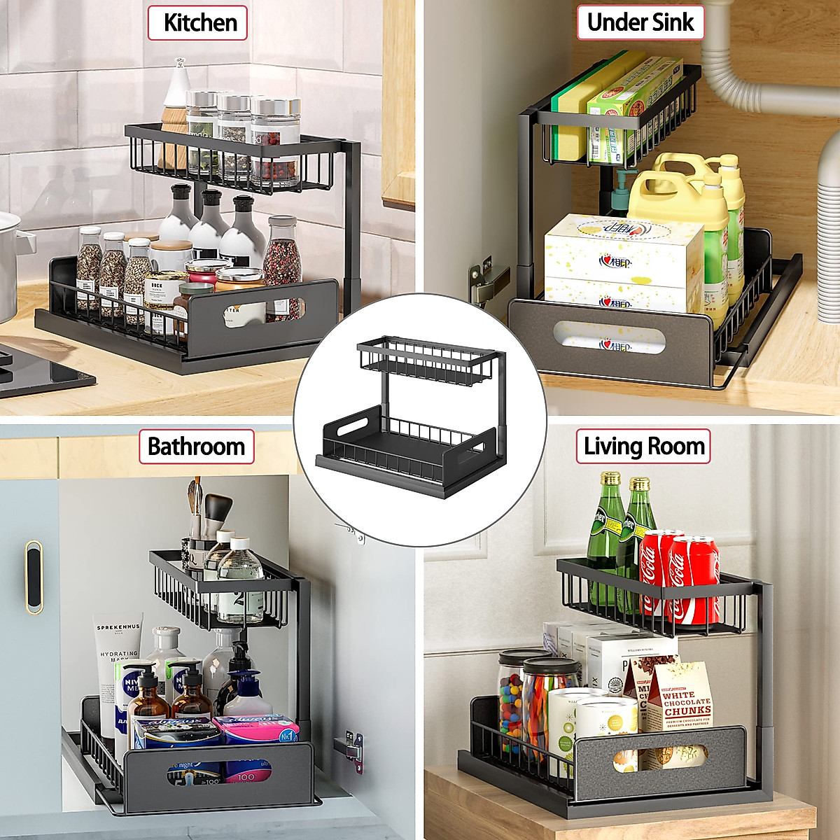 Under Sink Organizers and Storage, Multi-purpose 2-Tier Sliding Cabinet Basket Organizer Drawers, Kitchen Under Bathroom Storage Rack