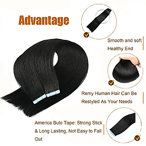 Anihiho Tape in Hair Extensions Human Straight Hair Extensions Tape in Real Human Hair for Women (16inch 50g, Jet Black)