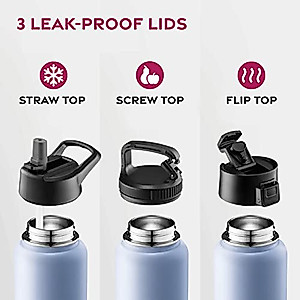 FineDine Insulated Water Bottles with Straw - 32 Oz Stainless Steel Metal Water Bottle W/ 3 Lids - Reusable for Travel, Camping, Bike, Sports - Powder Steel Blue Blend