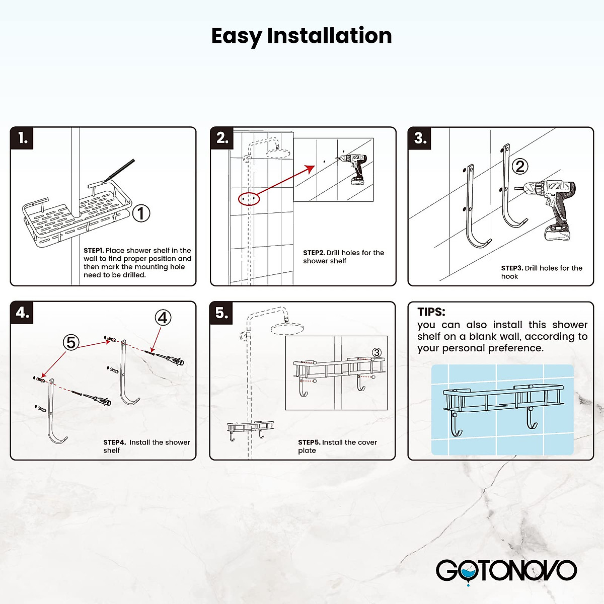 gotonovo Brushed Nickel Shower Shelf Wall Mount Solid Brass Essential Shower Rack Single Pack One Layer Bathroom Shower Rack Basket Arm Mount Shower Storage