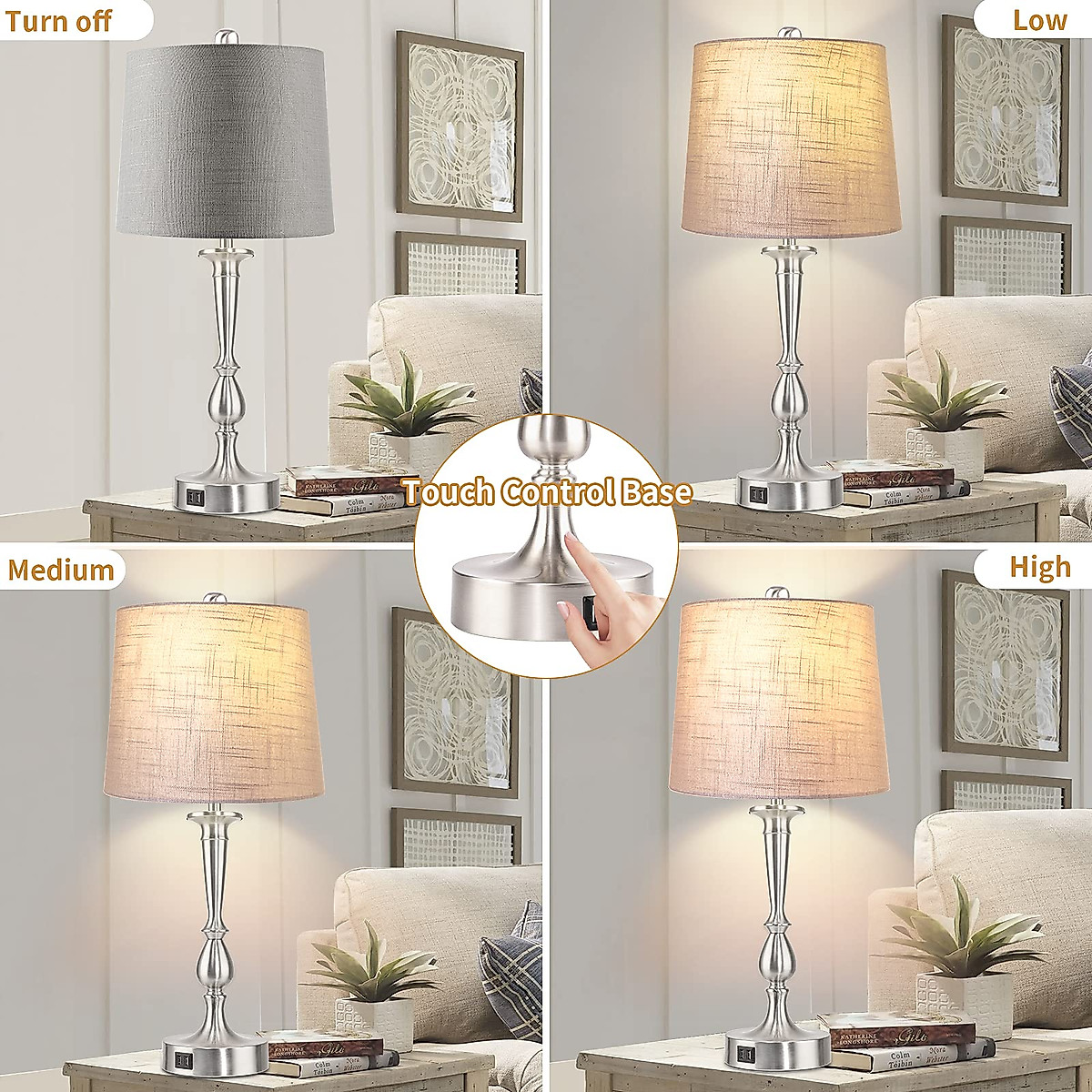 PARTPHONER Set of 2 Touch Control Table Lamp with Dual USB Charging Ports Desk Lamps, 3-Way Dimmable Modern Nickel Finish Bedside Large Table Lamps for Living Room, Bedroom