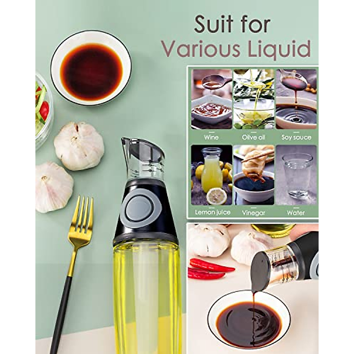 Oil Dispenser Bottle, 17oz Olive Oil Dispenser Oil Sprayer, Clear Glass Refillable Oil and Vinegar Dispenser Bottle with Measuring Scale Pump for Kitchen, Cooking, Salads, Baking Frying, BBQ (Clear)