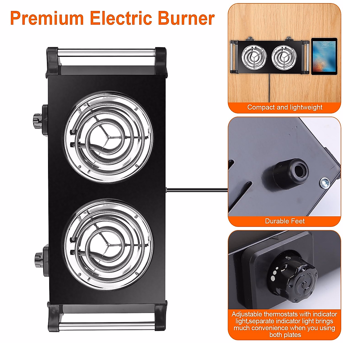 Hot Plate, 2000W Portable Electric Double Burner W/5 Level Temperature Control & Stay Cool Handles, Easy to Clean, Lightweight Cast Iron Electric Stove for Kitchen Camping Cooking, 110V