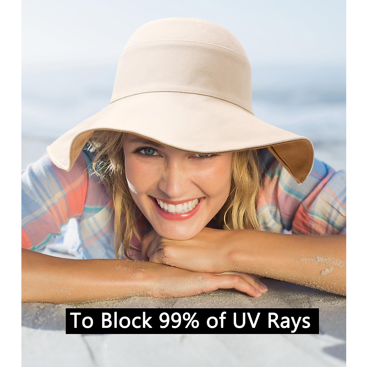 ASSQI Women's Sun Hats Summer Beach foldable Cotton Cap Wide Brim Chin Cord Beige