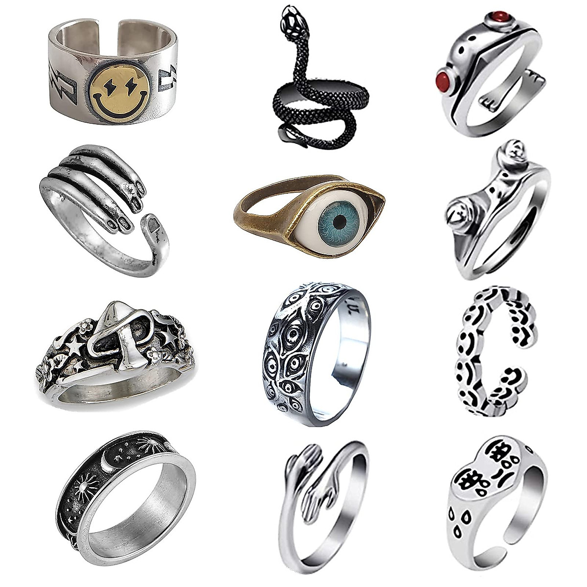 XHBTS 12 pcs Frog Ring Set for Women Men, Vintage Snake/Evil Eye/Mushroom/Cry/Smiley Face/Hug/Moon Star Sun Statement Rings Cute Animal Open Rings Pack