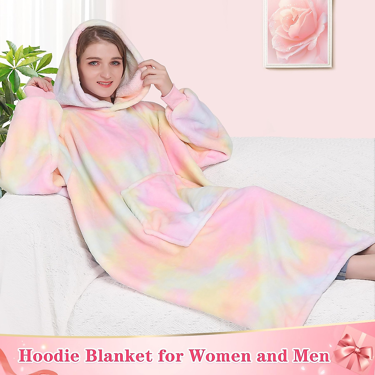 Waitu Wearable Blanket Sweatshirt Gifts for Women and Men, Warm and Cozy Rainbow Blanket Hoodie, Thick Flannel Hoodie Blanket with Sleeves, Blanket Robe for Adults and Kids