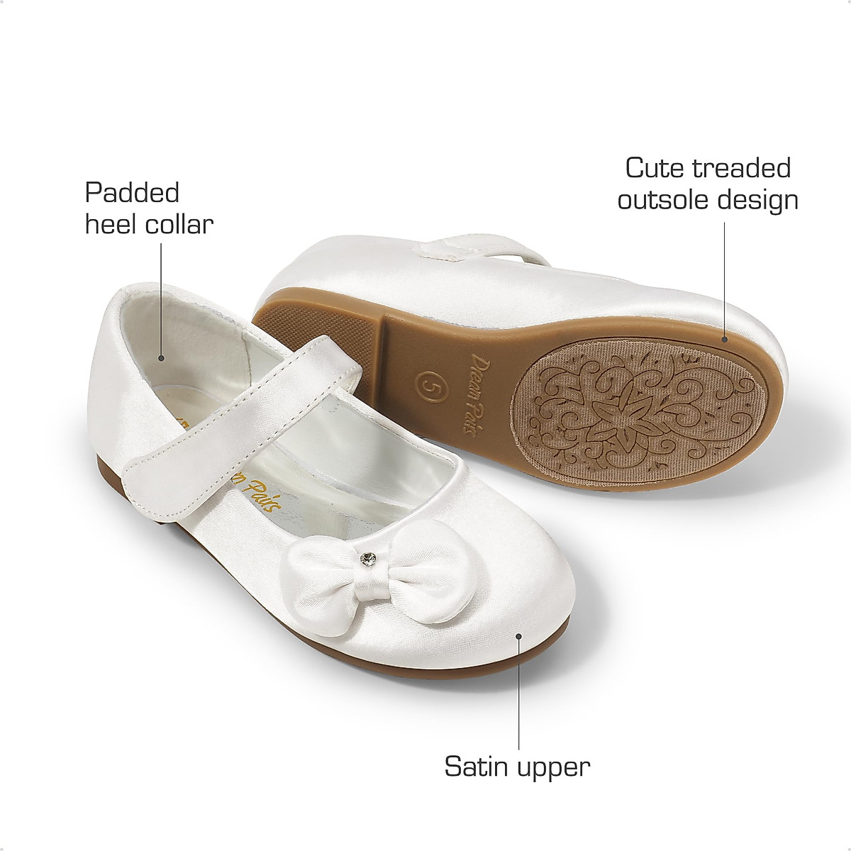 DREAM PAIRS Toddler Dress Shoes Mary Jane Flats for Girls Side Bow Ballerina Shoes,Size 5 Toddler,White/Satin,Angel-5