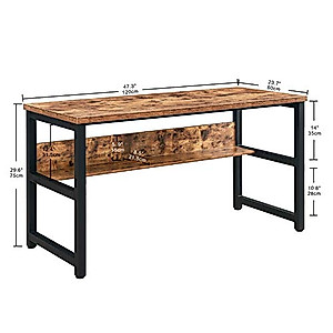 AMOAK Computer Desk 47" with Bookshelf, Office Desk, Writing Desk, Wood and Metal Frame, 1.18in (3cm) Thickened Desktop, Industrial Style, Study Table for Home Office, Retro Brown