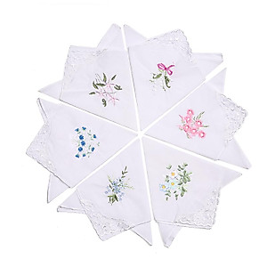 Ladies Hankies Cotton Embroidery Ladies' Vintage Floral Lace Handkerchiefs for Wedding Party (6 Pack)