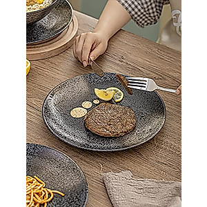 Kanwone Ceramic Dinner Plates - Set of 6, 10 Inch, Round Plates for Steak, Pasta, Salad, Pizza, Appetizer, Microwave, Oven and Dishwasher Safe, Black Glazed