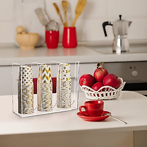 Suwimut Acrylic Coffee Cup and Lid Storage Organizer Holder, 3 Compartments Disposable Paper Cup Dispenser Clear Plastic Cup and Lid Holder for Kitchen Coffee Bar Shop Party Supplies