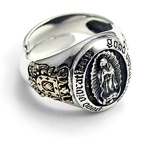 COSUMOSU Sterling Silver Our Lady of Guadalupe Virgin Mary Open Ring Adjustable for men