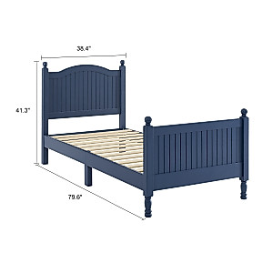 MUSEHOMEINC Wooden Twin Bed Frame with Headboard & Footboard Designed with Classic Ball finials, Beadboard Paneling and Lathe-Turned feet，No Box Spring Needed (Blue)