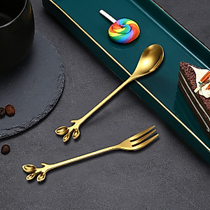 12 Pieces Stainless Steel Gold Leaf Coffee Spoon, findTop Spoons Fruit Forks Stainless Steel Mini Creative Tableware for Sugar Cake Ice Cream Tea Stirring Mixing Tea Spoon and Fork Set (Gold)