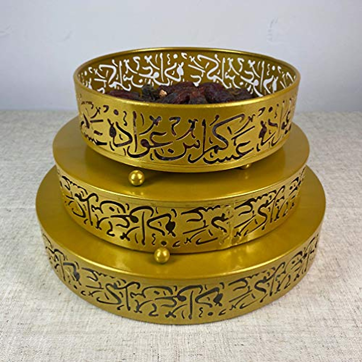 ABOOFAN 3Pcs Ramadan Eid Plate Iron Serving Tray Eid Ramadan Platter Round Candy Dish Snacks Dessert Holder Ramadan Mubarak Eid Party Supplies