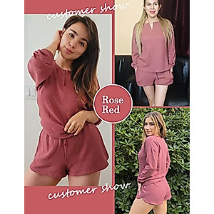 Ekouaer Womens Waffle Knit Long Sleeve Top and Shorts Loungewear Thick Pajama Set, A-rose Red, Large