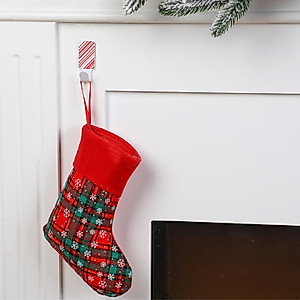 MorningRo 16 Pcs Christmas Adhesive Stocking Hanger Set 8 White Metallic Hooks with 8 Red and White Magnetic Patches Damage Free Wall Adhesive Hooks for Hanging Christmas Decorations