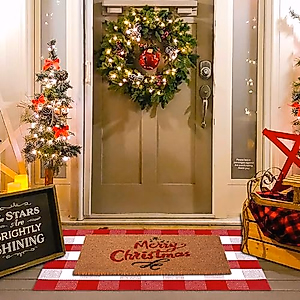 Christmas Door Mat Combo Set - 100% Coco Coir Welcome Mat + 28 x 43 Inch Red and White Plaid Rug, New Year Holiday Christmas Collection Doormat for Front Porch Entryway Decorative