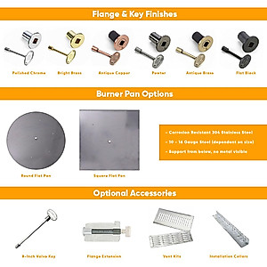 Spotix HPC Round Match Lit Fire Pit Burner Kit with 18-Inch Stainless Steel Burner and 24-Inch Flat Pan, Natural Gas, Polished Chrome, with Flange, Key, Valve, Flex Line and Fittings