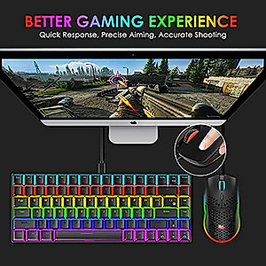 Gaming Keyboard and Mouse with Mechanical Red Switch Rainbow Backlit Wired Type-C 84 Keys Anti-ghosting,RGB 12000 DPI Lightweight Honeycomb Shell Gaming Mouse,Large Mouse Pad for PC Gamers(Black)