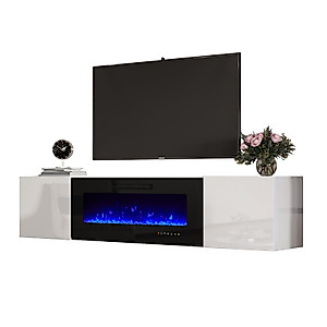 AMERLIFE Floating Fireplace TV Stand, Wall Mounted Mirrored Entertainment Center with 40" Electric Fireplace, Modern LED Lights Media Console for TVs Up to 90", White