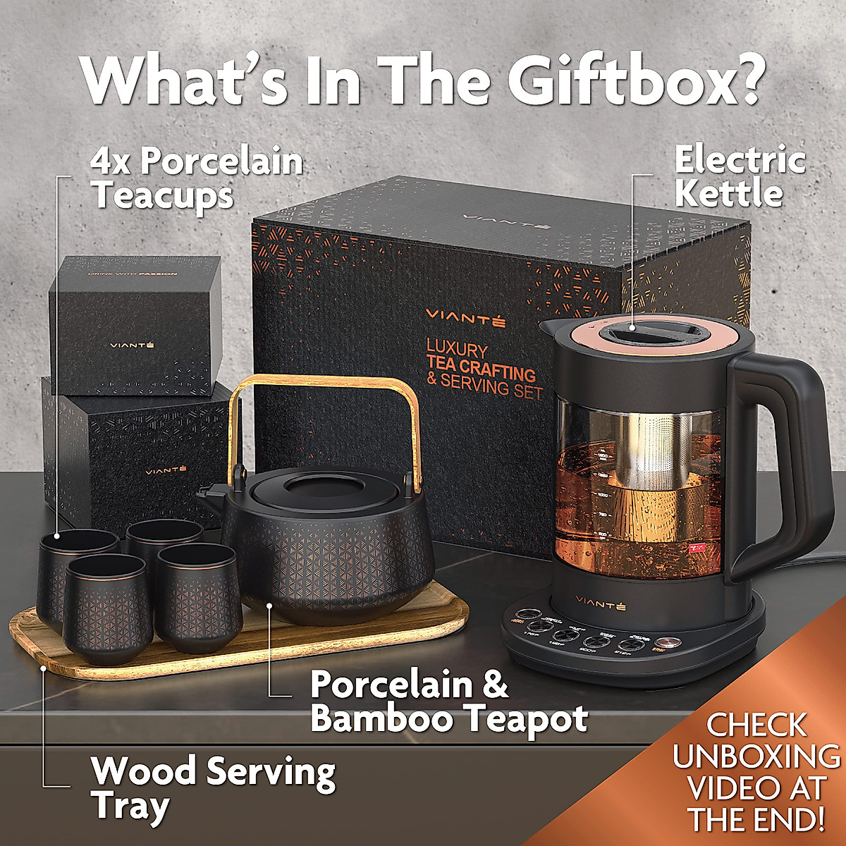 Vianté Luxury Tea Party Set. Complete with Automatic Tea Maker with Infuser for loose tea bags. Ceramic serving set. Tea pot/cup set and wooden tray. Excellent gift for tea lovers.