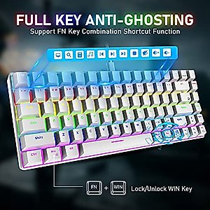 Mechanical Gaming Keyboard and Mouse Combo with 20 Rainbow Backlight 84 Key Anti-ghosting Ergonomic Waterproof Type-C Wired 2400 DPI Honeycomb Mice for PC Mac Gamer Computer Typist(White/Blue Switch)