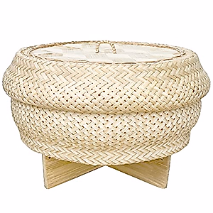 PANWA Handmade 100% Natural Thai Bamboo Sticky Rice “Electric Cooker Steamer Set”, Small Pot Insert ~ 6.5 Inch, Hewn Reed Wicker Woven Lid, 16’’ Cheesecloth Filter, and Wooden Spoon