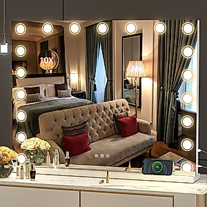 Hasipu Vanity Mirror with Lights, 40" x 32" Makeup Mirror, Light up Mirror with 19 Dimmable LED Lights and 10X Magnification, 3 Colors Modes, Touch Control, USB Charging Port, White