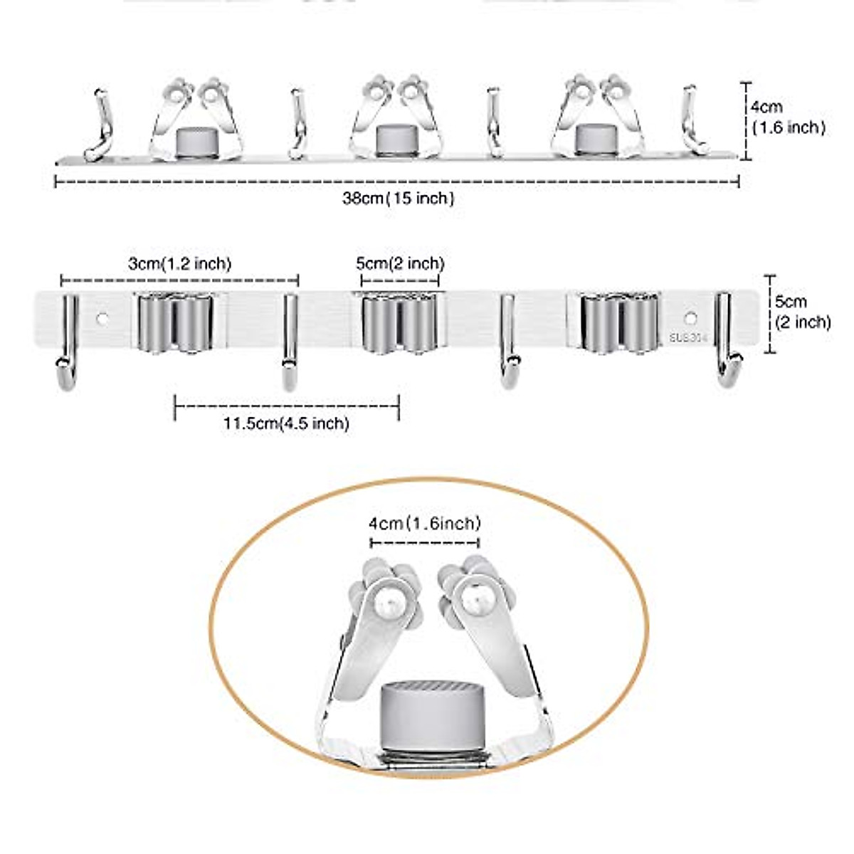 POPRUN Broom Mop Holder Wall Mount Stainless Steel Garden Tool Hanger Garage Organizer Home Kitchen Laundry Storage, 3 Racks 4 Hooks, Grey