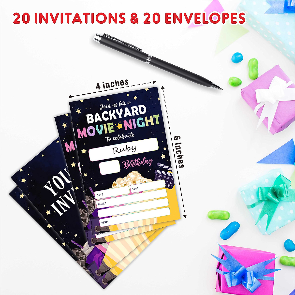 AWSICE Backyard Movie Night Birthday Invitations, Double-Sided Fill-In Invite Cards For Birthday Party, 20 Invitations With Envelopes, Decorations,Party Favor And Supply-A07
