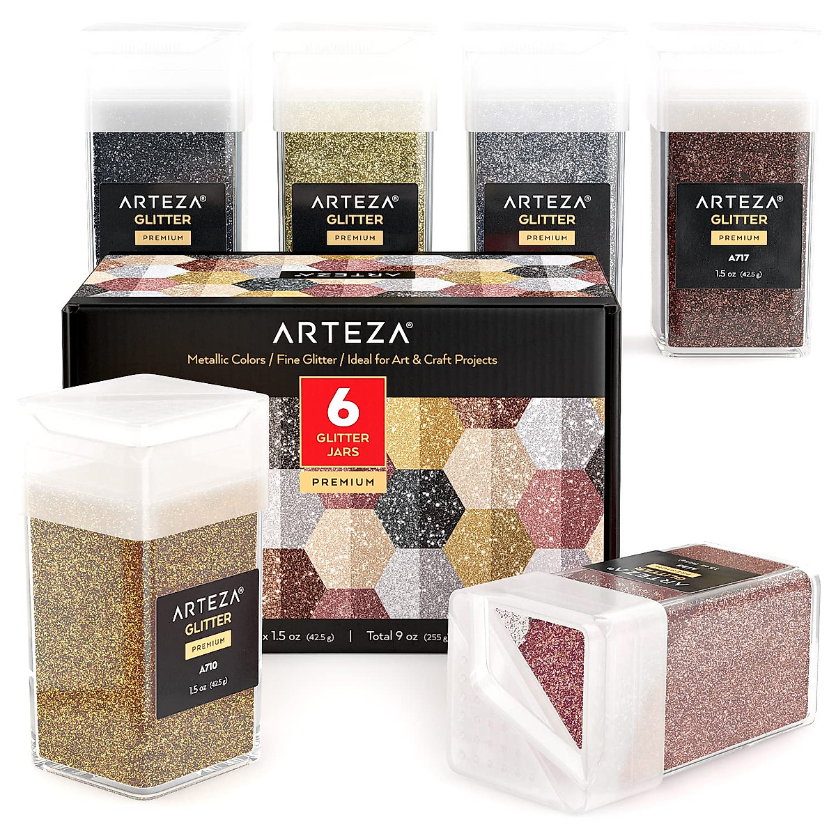 Arteza Fine Glitter, Set of 6, Metallic Glitter for Resin in 1.5-oz Bottles, Arts and Crafts Supplies for Art Class, After-School Programs, and Holiday Craft Projects