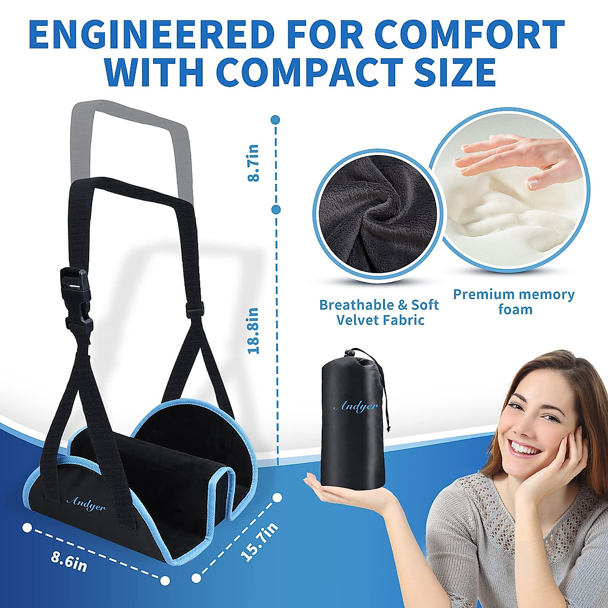 Upgraded Airplane Footrest (Memory Foam), Andyer 2 in 1 Adjustable Foot Rest for Airplane Travel Essentials, Portable Airplane Foot Hammock for Air Plane Flying Long Flight to Relax Your Feet and Leg