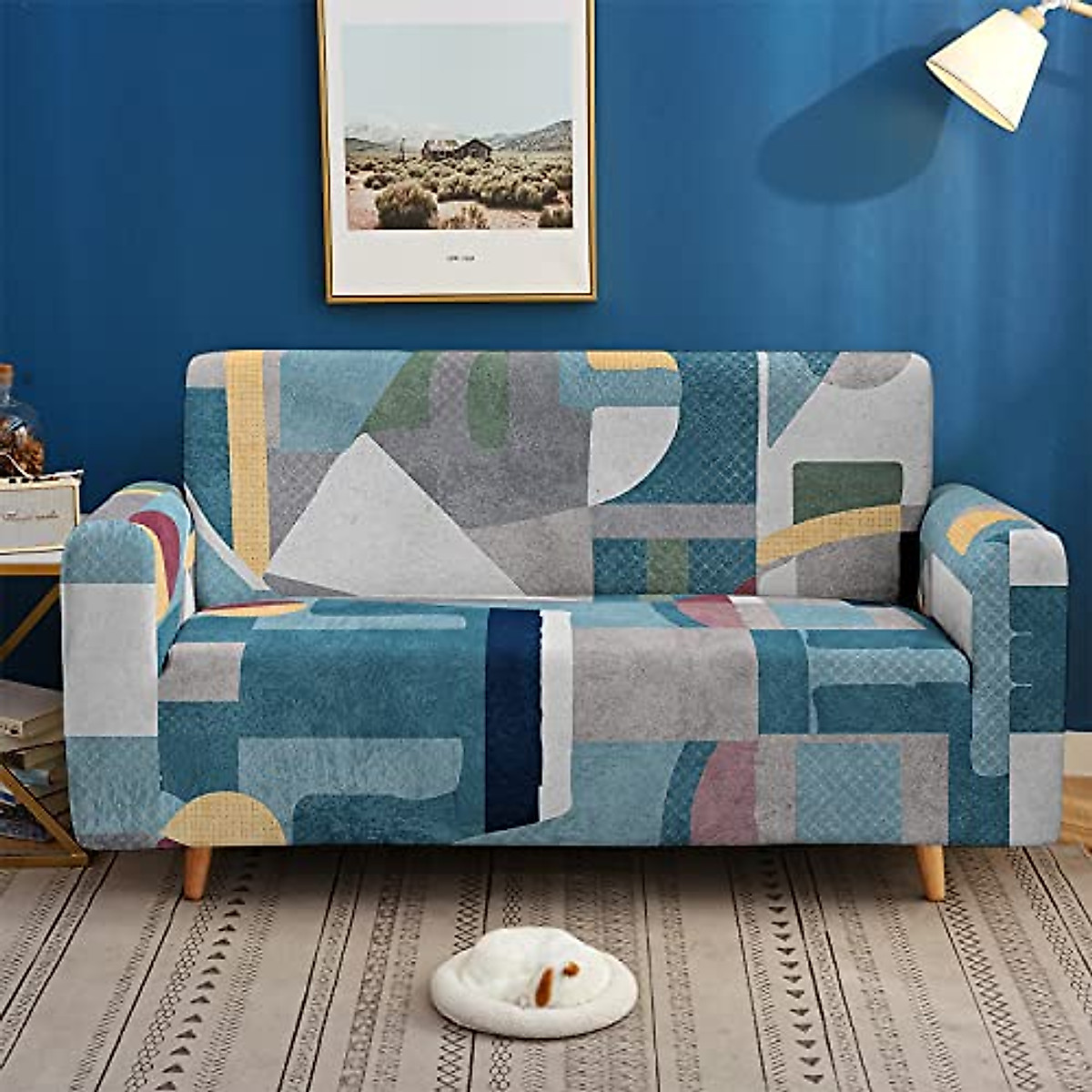 HOSIMA Geometric Irregularity Sofa Covers for 4 Cushion Couch,Blue and Grey X-Large Couch Slipcover,Printed Stretch Washable X-Large Slipcover Furniture Protector for Living Room,X-Large(93-118 inch)