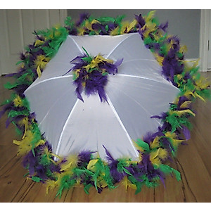 New Orleans Mardi Gras Green Second Line Parasol Umbrella with Purple, Green, Yellow Feather Accent