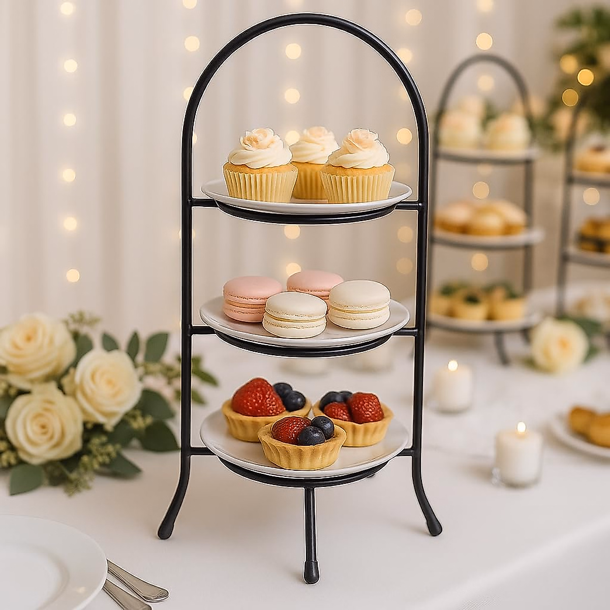 Creative Home Iron Works 3-Tier Metal Dessert Plate Rack Party Food Server, 18-1/2" H, Black