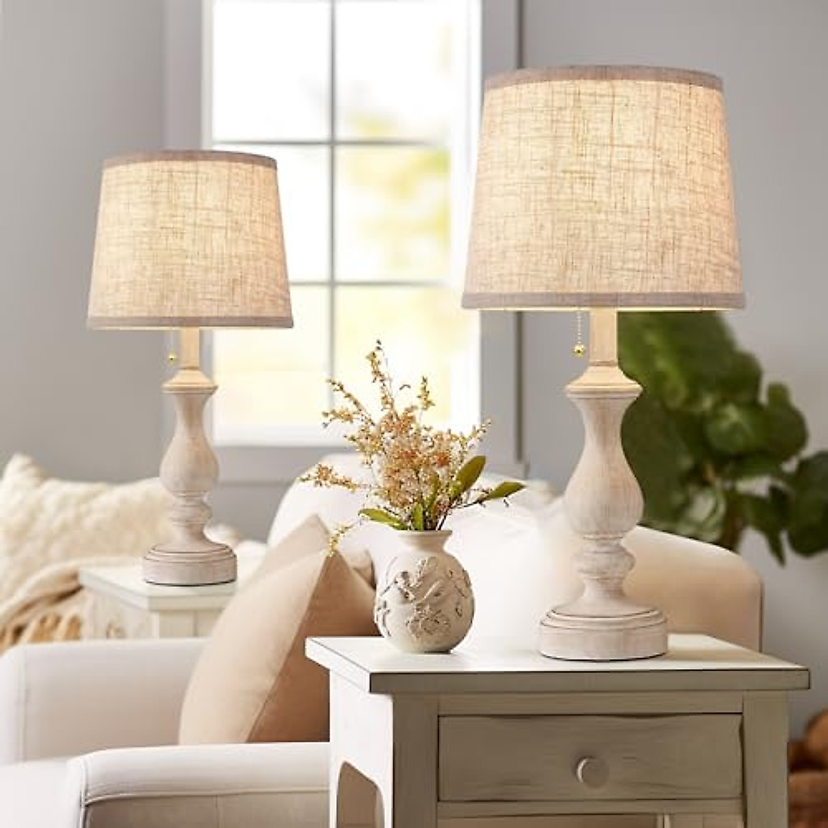 Drawealth Farmhouse Bedside Table Lamp with USB Charging Ports Traditional Bedroom Lamps for Nightstand Set of 2 White Table Lamp for Living Room Study Room Washed Finish, Bulbs Not Included