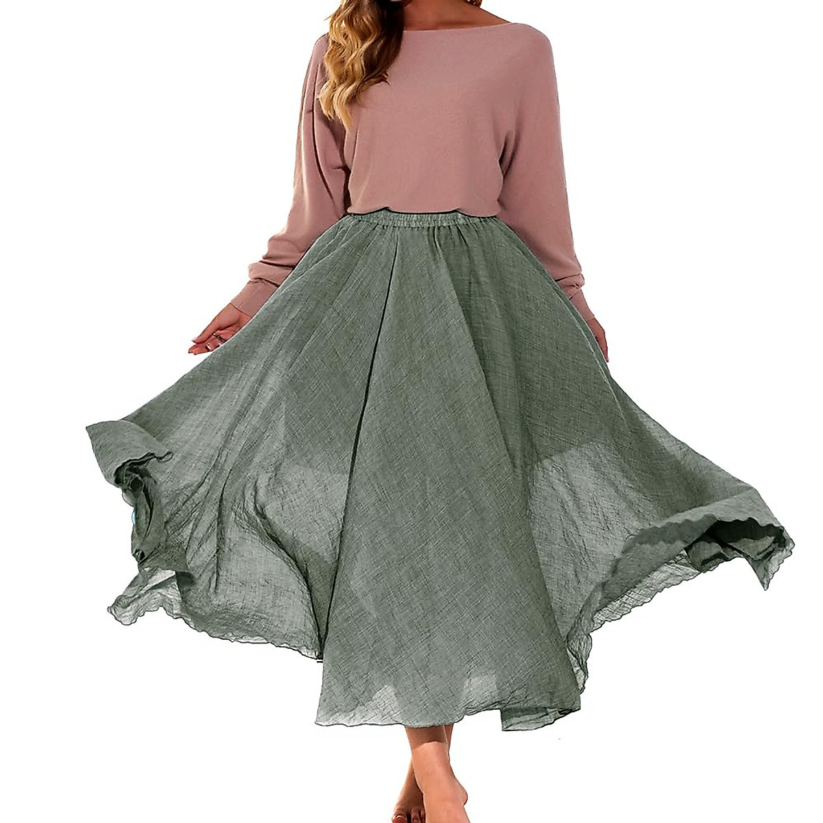 ASHER FASHION Women's Bohemian Style Elastic Waist Band Cotton Linen Long Maxi Skirt Dress (85CM, Light Green)