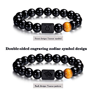VLINRAS Zodiac Taurus Bracelet for Men Women Taurus Gifts Natural Black Onyx Stone Zodiac Charm Bracelet Constellation Horoscope Jewelry