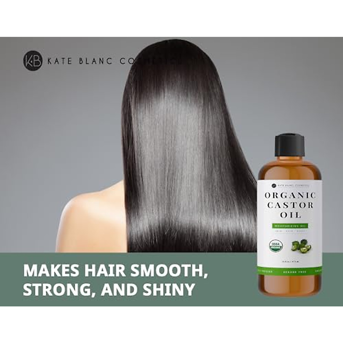 Kate Blanc Cosmetics Castor Oil 16oz - USDA Certified Organic. Cold-Pressed, 100% Pure, Hexane-Free. Promote Growth for Hair, Eyelashes, Eyebrows. Moisturizing For Dry Skin
