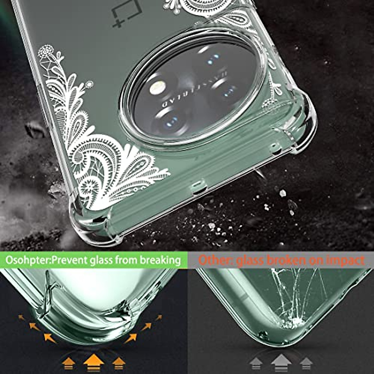 Osophter for Oneplus 11 Case Women Girls Flower Floral Shock-Absorption Flexible TPU Rubber Phone Cover for Oneplus 11 5G(White Lace)