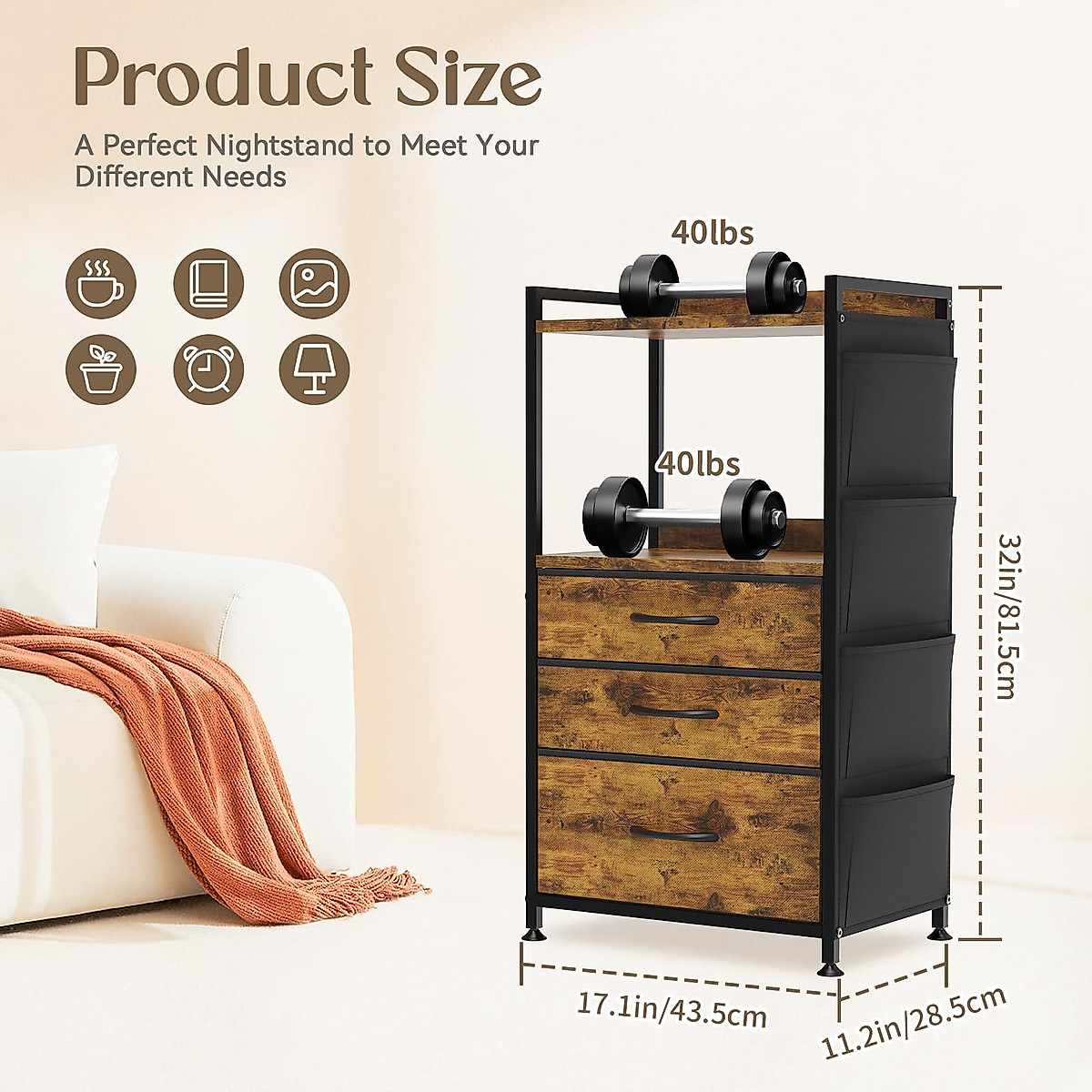 LASZOLA Nightstand with 3 Fabric Drawers and Side Pockets, Vertical Bedside Table with Wood Shelf, End Table Bed Side Dresser Furniture for Bedroom Living Room Entryway College Dorm, Rustic Brown, 1