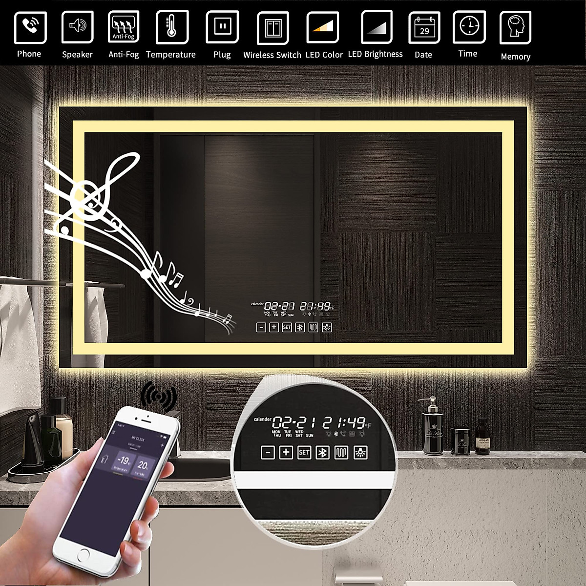 GESIPOR 60"x36" Bathroom LED Mirror with Wireless Speaker Wall Switch - Lighted Vanity Mirrors for Bathroom Wall Mounted Backlit, Dimmable Light 3000K/6000K Anti-Fog Makeup Smart Mirror (Horizontal)