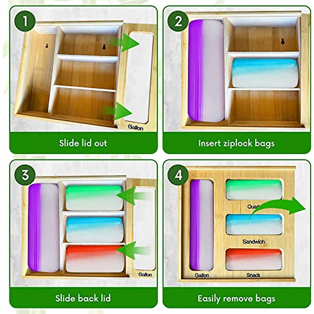 Ziplock Bag Storage Organizer, Bamboo Food Storage Bag Organizer for Kitchen Drawer Compatible with Gallon, Quart, Sandwich and Snack Variety Size Bag