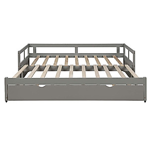Wood Daybed with Trundle, Twin to King Design Sofa Bed, Modern Multi-Function Extendable Trundle Daybed Frame for Bedroom, Living Room (Gray)