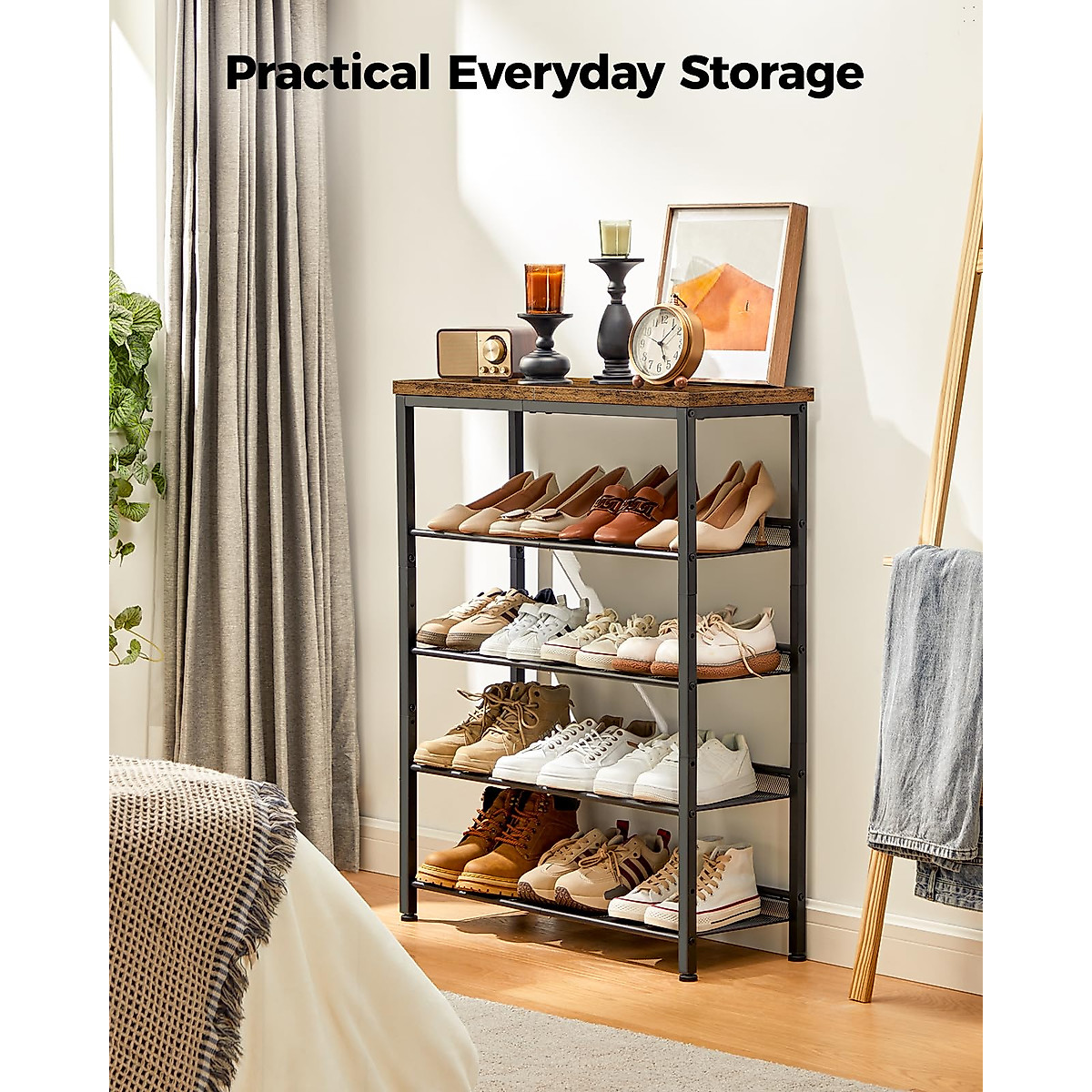 Pipishell 5-Tier Shoe Rack for Entryway and Small Spaces with Wooden Top & Metal Frames, Shoe Storage Organizer with Adjustable Storage Shelves, PISRB4V