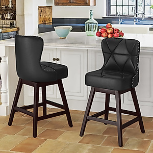 Cozyman Counter Height Bar Stools Set of 2, 26" H Swivel Bar Stool with Back, Faux Leather Counter Stool, Solid Wood Legs, Retro Upholstered Barstools for Kitchen Island, Home Bar, Pub, Black