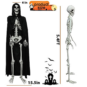 UMEELR 5.4ft/165cm Halloween Skeleton, Poseable Full Size Skeleton with Black Cloak, Life Size Human Bones for Halloween Front Yard Patio Lawn Garden